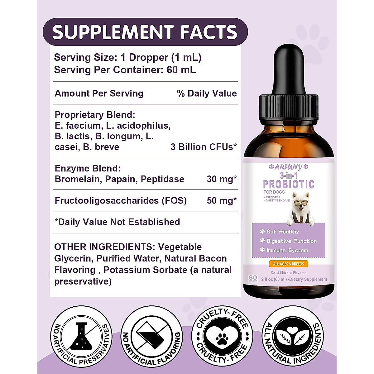 Probiotics for Dog | 60ML Liquid Probiotics for Dogs Support Gut Flora, Digestive Health & Diarrhea| Dog Digestive Enzymes & Prebiotics | Dogs Probiotics Allergies & Itchy Skin Relief | Roast Chicken