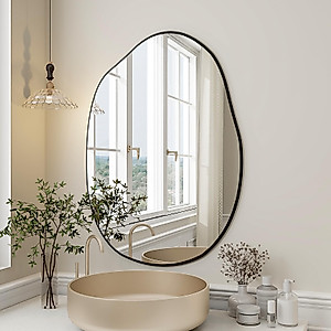HARRITPURE Irregular Wall Mirror 26"x40" Black Asymmetrical Bathroom Mirror Wood Framed Modern Decorative Vanity Mirrors for Bedroom Living Room Entryway