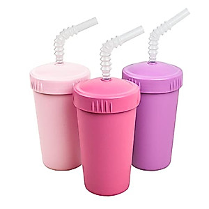 Re Play 10 Oz. Made In USA Straw Cups with Reversible Bendy Straw - Made from Heavyweight Recycled Milk Jugs- BPA Free- Dishwasher & Microwave Safe - Princess - Pack of 3