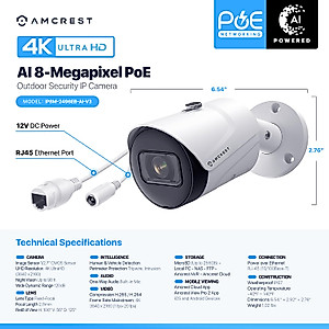 Amcrest 2-Pack UltraHD 4K (8MP) Bullet POE IP Camera, 3840x2160, 98ft NightVision, IP67 Weatherproof, 125° FOV, Supports up to 256GB MicroSD Recording, White (2PACK-IP8M-2496EW-AI-V3)