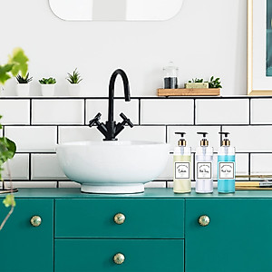 3 Pieces Pump Bottle Set, 25 oz Shampoo and Conditioner Dispenser, Plastic Refillable Soap Dispenser with 6 Label Sticker for Bathroom Lotion Body Wash(Black and Gold)