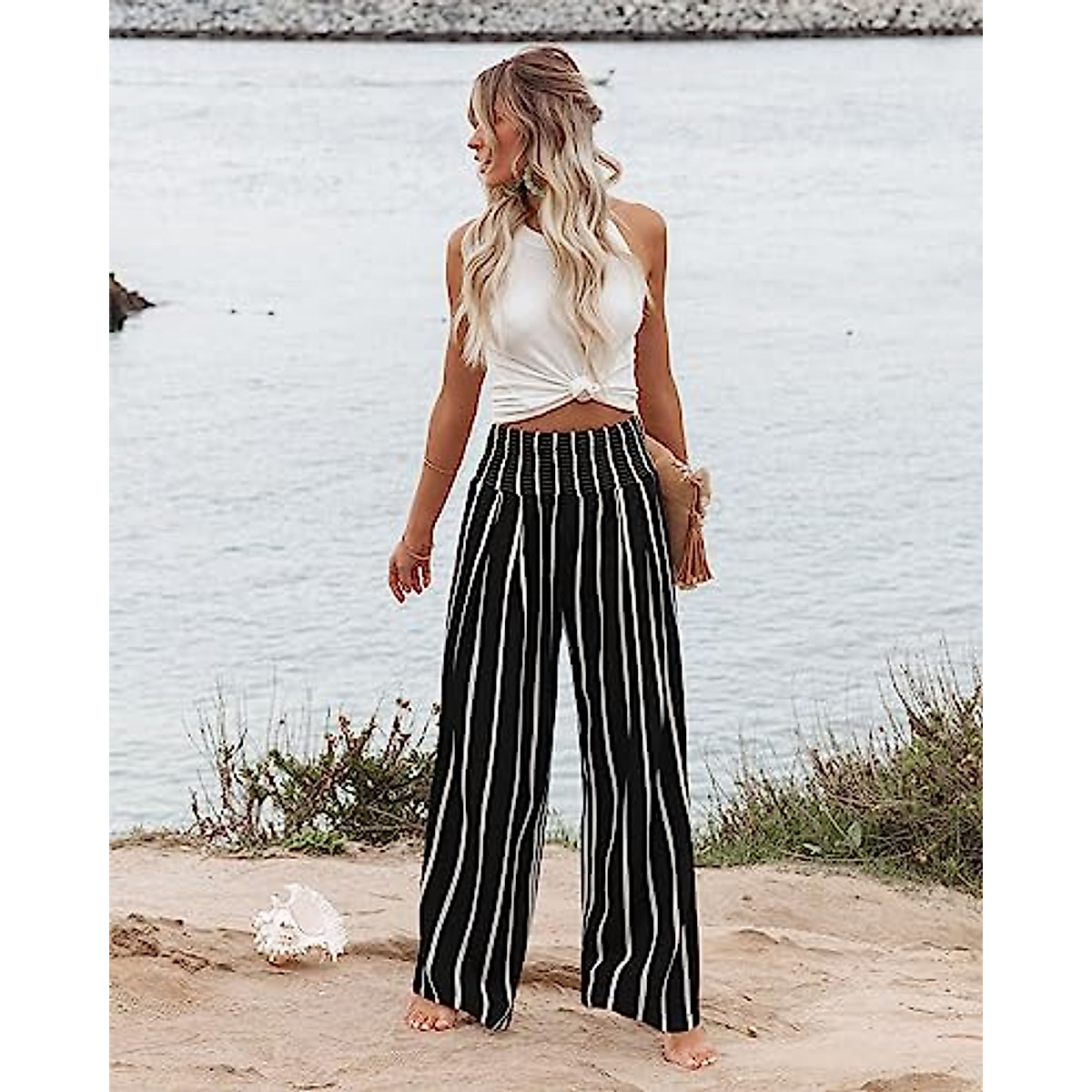 Angerella Womens Casual Elastic Waist Stripe Comfy Jogging Jogger Pants with Pockets Black M