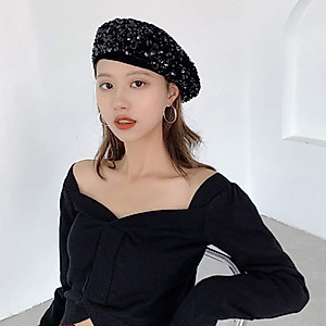 Bling Beret Hats for Women Color Paris Artist Cap Fashionable Ladies Sparkle Shining French Style Beanie Beret (Black)
