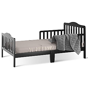 HONEY JOY Toddler Bed Frame, Solid Rubber Wood Frame w/Safety Guardrail, Fits Crib Full Size Mattress (Not Included), Children Classic Sleeping Bedroom Furniture for Kids Boys Girls (Black)