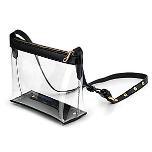 Clear Zipper Cross Body Bag with Vegan Leather Trim (Black)