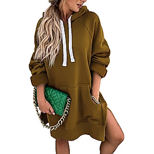PRETTYGARDEN Women's Casual Pullover Sweatshirt Long Sleeve Split Hem Hoodie Dress with Kangaroo Pocket (Dark Khaki,X-Large)