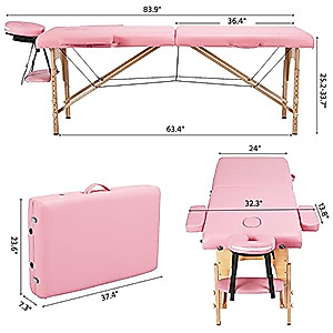 Yaheetech Spa Bed Portable Lash Bed Massage Bed Foldable Spa Tables Adjustable 2 Fold with Non-Woven Bag, Pink
