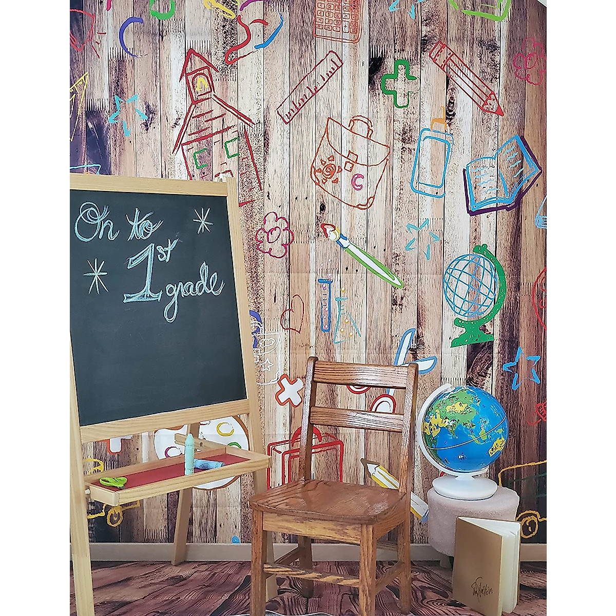 Leowefowa Back to School Backdrop 5x7ft Vinyl Photography Backdrops Hand Painted Pencils House Books on Vintage Retro Stripes Wood Floor Background Baby Kids Children Photo Studio Props