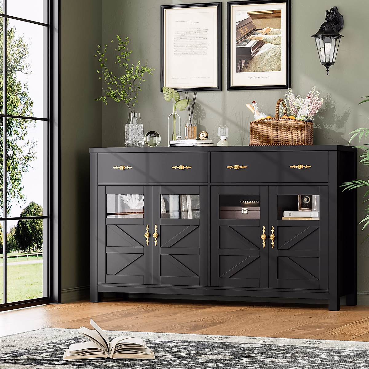FINETONES Buffet Cabinet with Storage, 55.1" Large Sideboard Buffet Cabinet, Farmhouse Sideboard Kitchen Cabinet with 2 Drawers and 4 Doors, Wood Coffee Bar Cabinet Buffet Table for Kitchen, Black