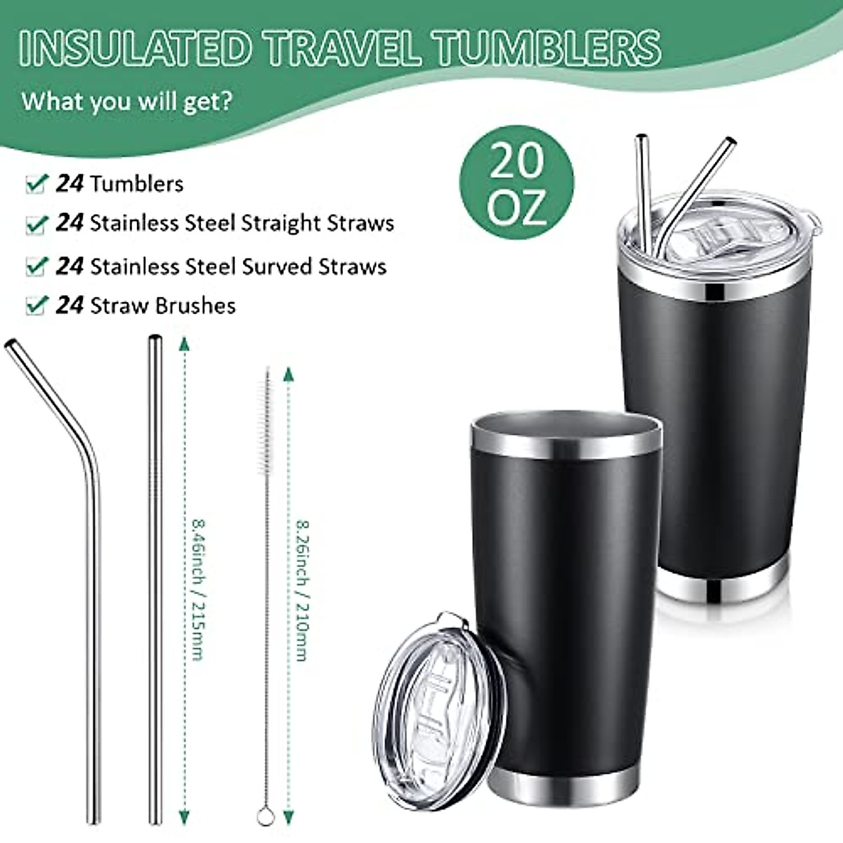 SEEWEY 24 Pack Insulated Travel Tumblers 20oz Tumbler Double Wall Vacuum Travel Mug with Lid and Straw Stainless Steel Double Wall Coffee Cups Powder Coated Coffee Mug for Cold and Hot Drinks (Black)
