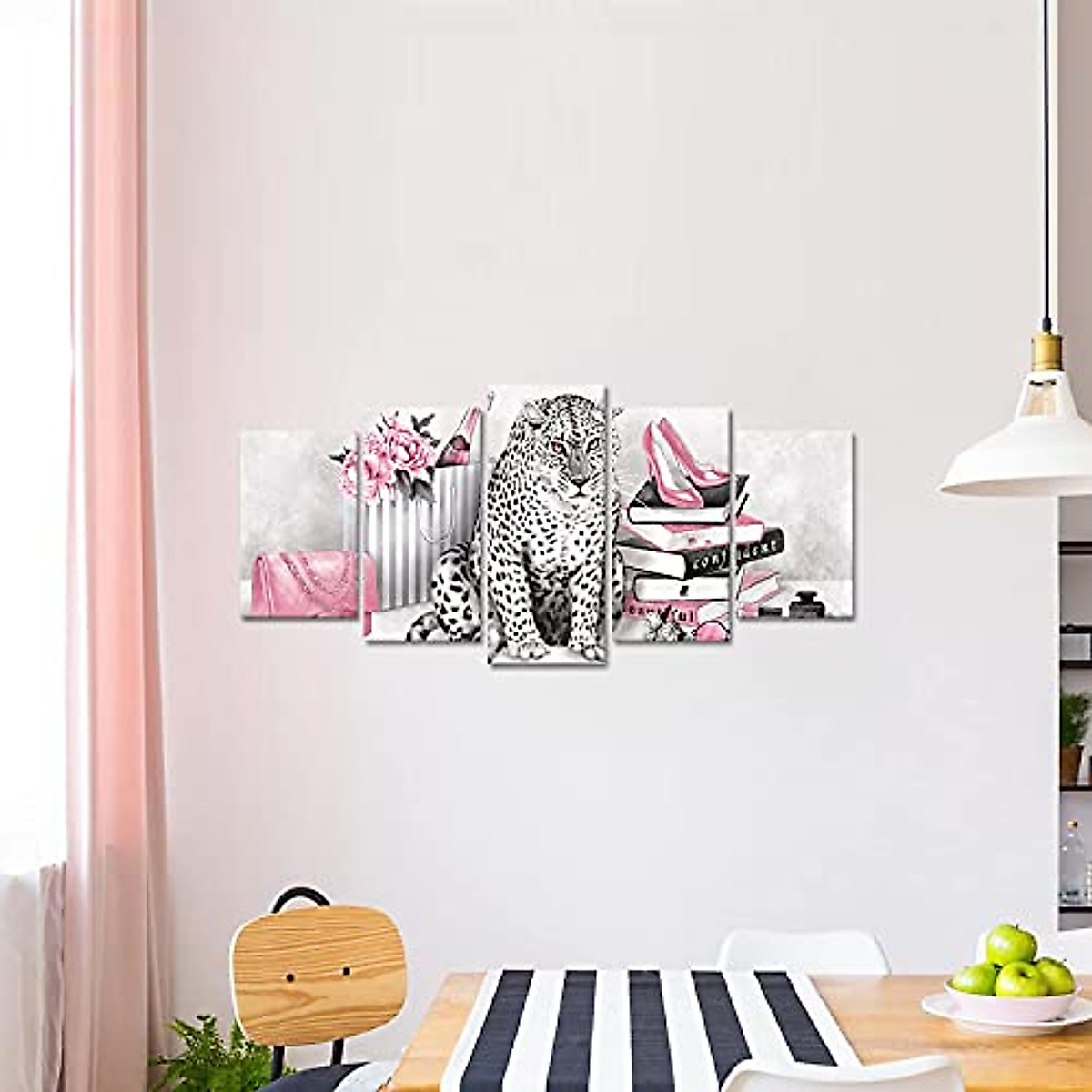Kaloremore Black White Pink Fashion Leopard Canvas Wall Art Prints Glam High Heel Shoes Books Poster Giclee Prints Picture for Woman Bedroom Girl Gift Makeup Room Decoration