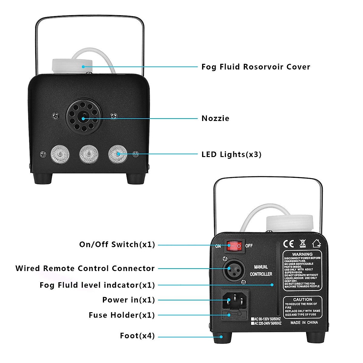 Fog Machine, BZBRLZ 500W Smoke Machine with 13 Colorful LED Lights Effect, 2000CFM Fog with 30cm Wired Receiver and 2 Wireless Remote Controls, Perfect for Wedding, Halloween, Christmas Party (A)