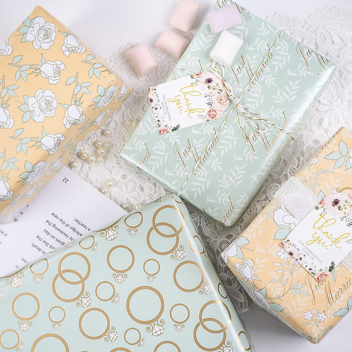 WRAPAHOLIC Wedding Theme Wrapping Paper Roll - Diamond Ring and Floral Design Printed on Pearlized Paper, Perfect for Celebration, Party Present Packing - 4 Rolls - 30 inch X 120 inch Per Roll