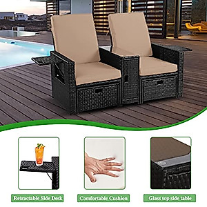 B BAIJIAWEI Patio Wicker Loveseat - Outdoor Rattan Sofa Set with Cushion - Adjustable Lounge Chair with Ottoman Footrest, Wicker Furniture for Garden, Patio, Balcony, Beach, Coffee Bar, Deck