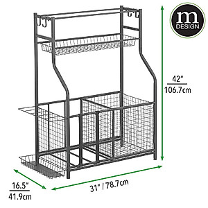 mDesign Metal Heavy Duty Garage Storage System Rack with Top Shelf, Multi-Purpose Sporting Goods Storage with Multiple Compartments, Baskets and Hooks - Holds Equipment, Balls, Bats - Graphite Gray