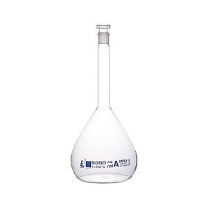 EISCO Volumetric Flask, 5000mL - Borosilicate Glass - Class A - Hexagonal Hollow Glass Stopper - Single Blue Graduation