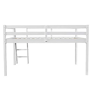 VINGLI Junior Low Loft Bed with Stairs, White Wood Loft Bed Full Size for Adults, Kids and Young Teens, No Box Spring Required,Wood Slat Support