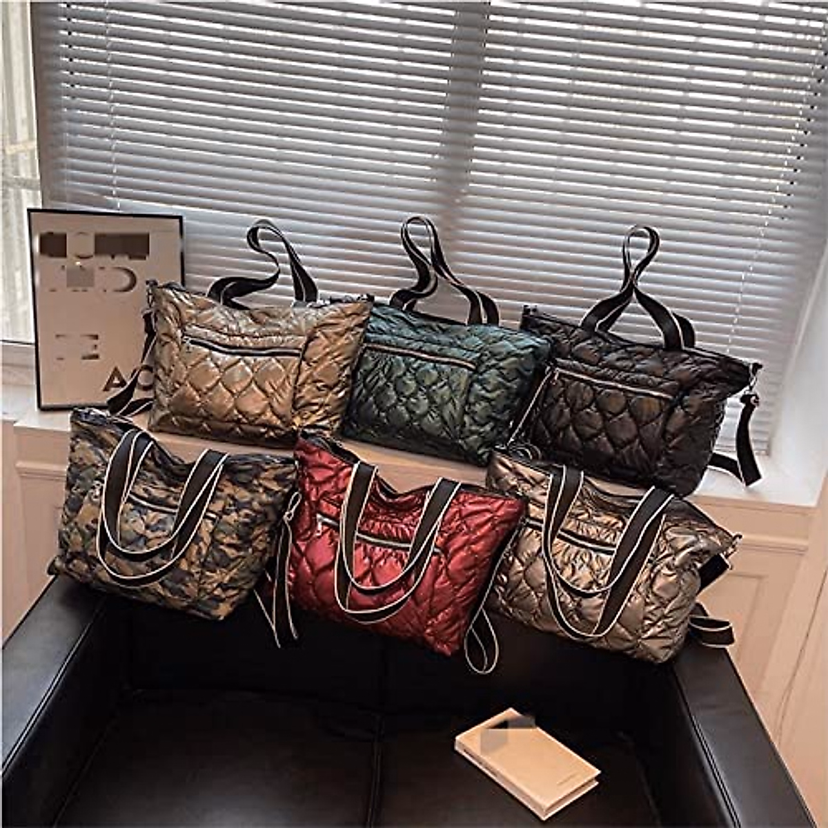 Padded Tote Bag Women's Quilted Zipper Closure Large Padding Shoulder Bag with Exterior Zip Pocket Puffy Down Crossbody Bag