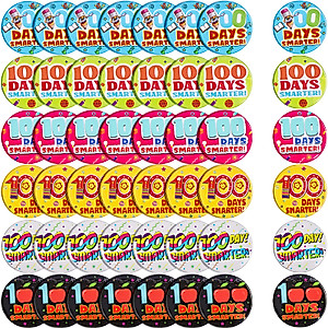 PIAOPIAONIU 48 Pcs 100th Days of School Buttons Pin Celebrate 100 Days of School Smarter Badges for Kids Round School Badges Button Pinback for School Party Teacher Reward-6 Styles