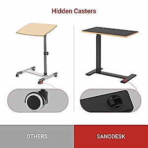 SANODESK Medical Adjustable Overbed Bedside Table with Hidden Casters, Pneumatic Mobile Laptop Computer Standing Desk Cart with Tray, Hospital and Home Use(27.6" W x 15.7" D, Black)