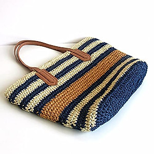 Burkburg Straw Beach Tote Bag Summer Woven Shoulder Bag Purse with Zipper, Stripe Navy