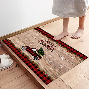 Arts Print Kitchen Rug Mat Set of 2,Christmas Black and Red Buffalo Plaid Truck with Tree Runner Rug,Non-Slip Durable Floor for Sink, 20211021-LZP-MATSETSLXM10360MDDAVHN, 15.7X23.6in+15.7X47.2in