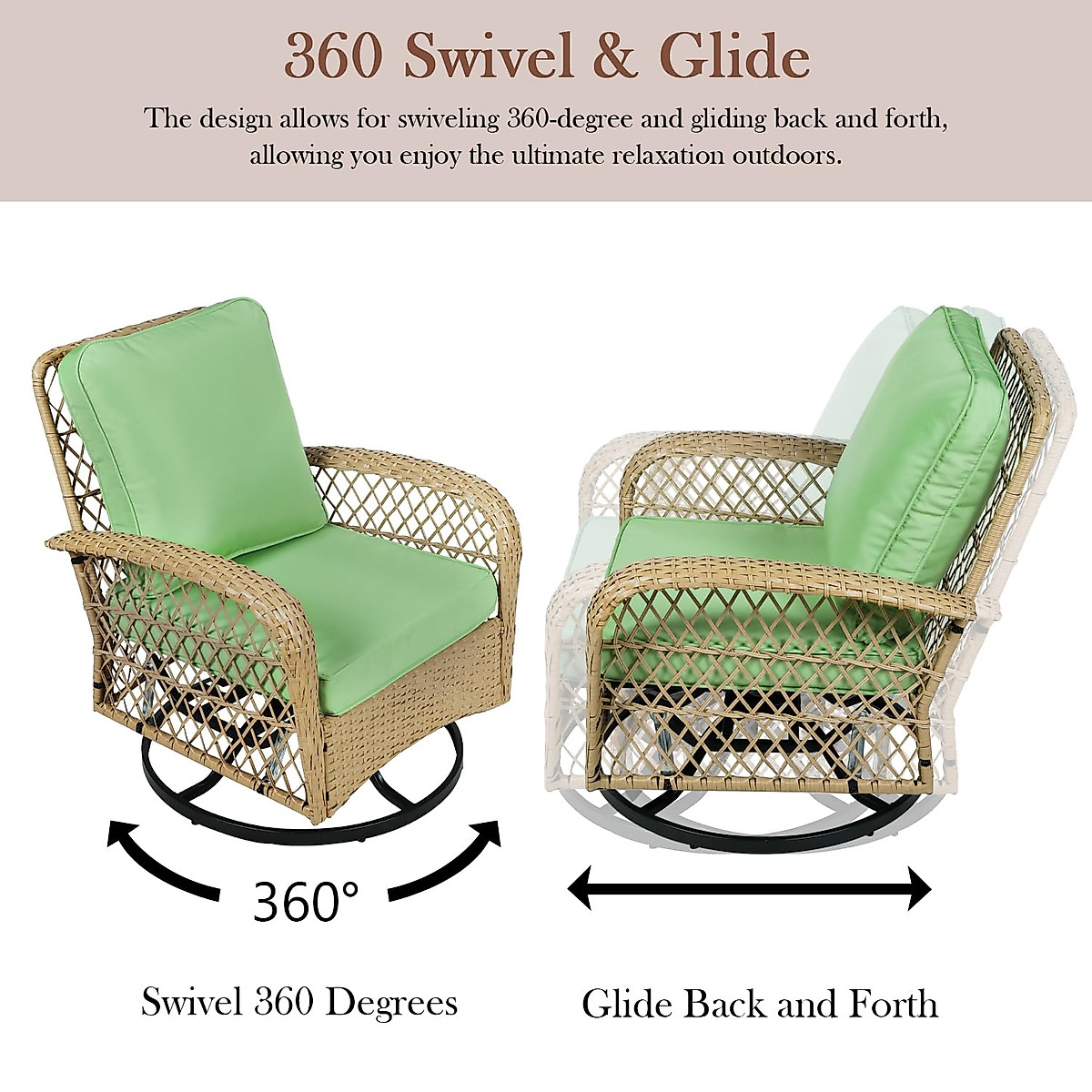 FUNKOCO 3 Pieces Outdoor Swivel Glider Rocker, Rattan Woven Patio Furniture Set, Wicker Patio Bistro Set with Washable Cushions and Glass Table for Garden, Porch, Backyard