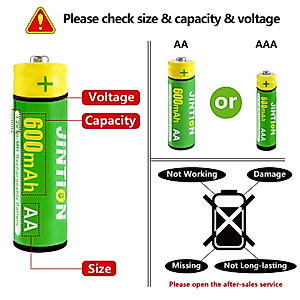 JINTION AA Rechargeable Batteries 600mah High Capacity 1.2V Ni-MH Double a Battery for Outdoor Solar Lights, String Lights, TV Remotes, Wireless Mouses, Flashlight