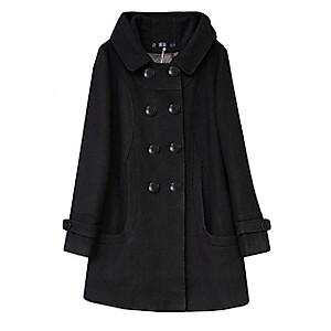 Tanming Women's Warm Double Breasted Wool Pea Coat Trench Coat Jacket with Hood (Black-XL)