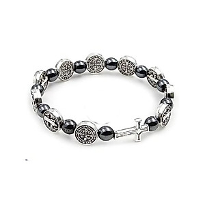 St. Benedict Stretch Bracelet, Hematite Pearls & Cross - Catholic