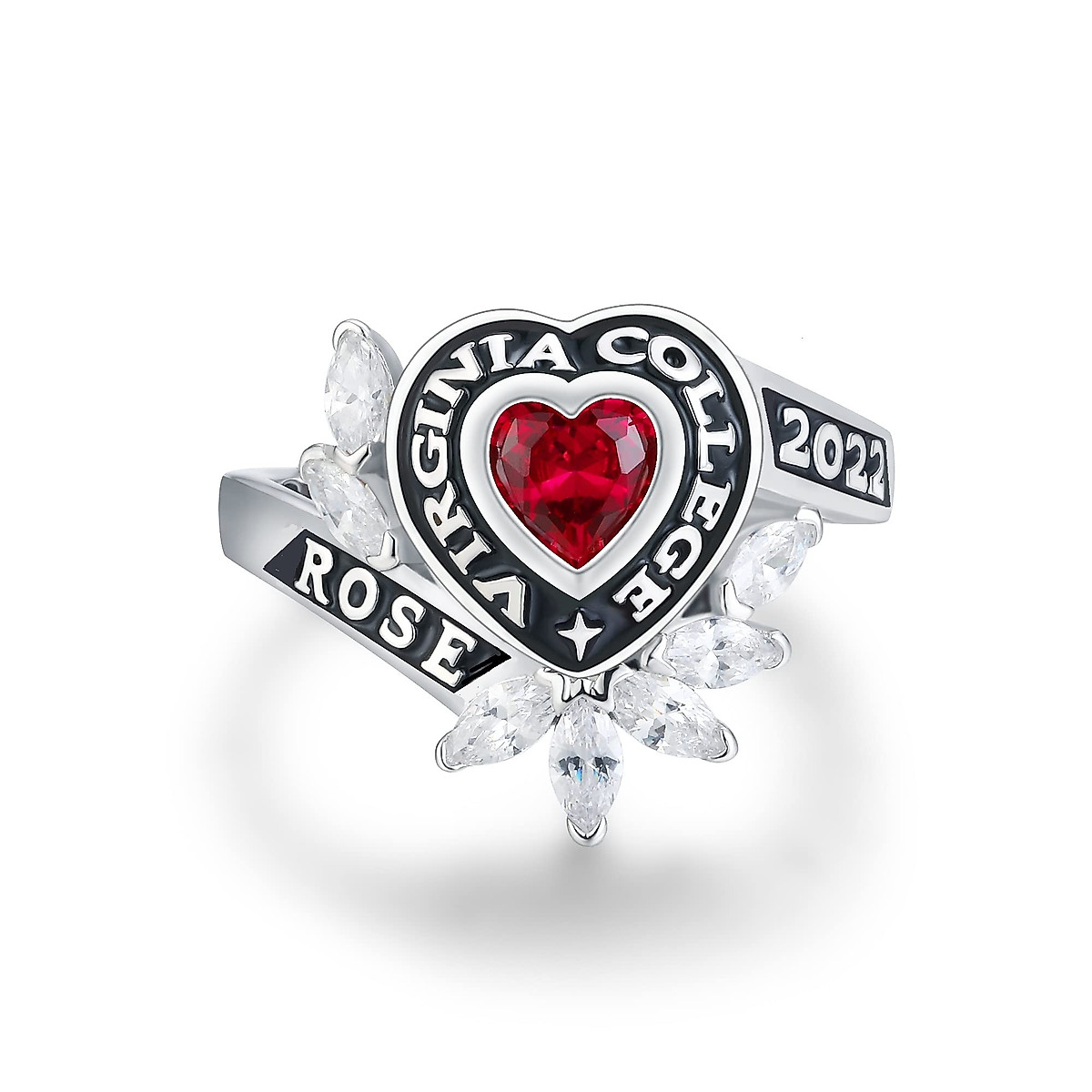 JNJ Women's Class Ring, personalized for high school and college graduates, Sterling Silver, Birthstone, Original design, Heart collection-Jour Nouveau Jewelry (Platinum)