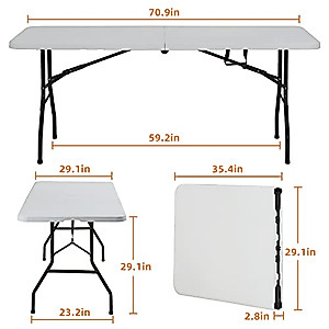 HKLGorg Folding Table 6 Ft Heavy Duty Fold Up Table Camping Working Table Indoor Outdoor Plastic Folding Table Utility Party Dining Table Easy to Assemble with Lock Function White