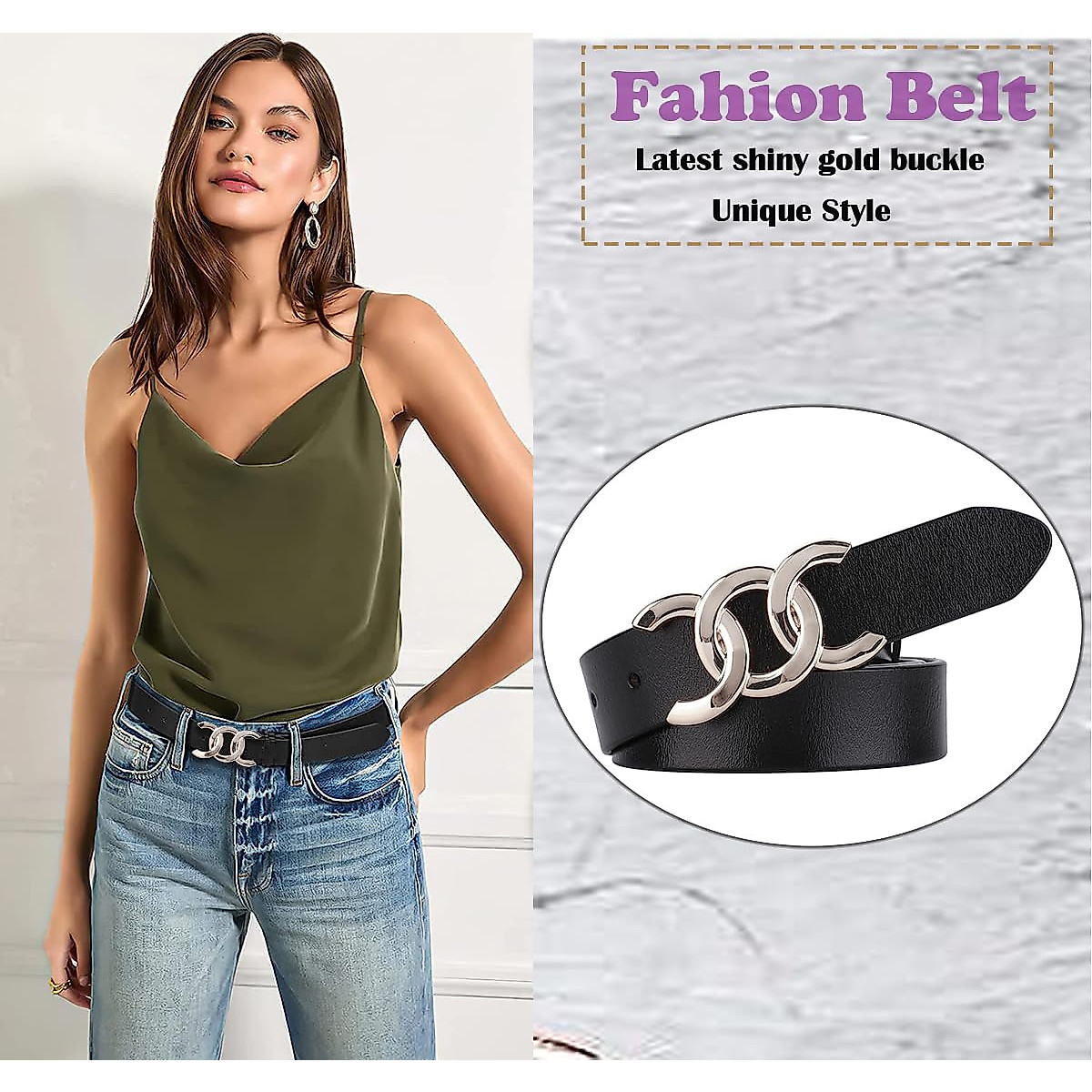 ALAIX Women's Belt Gold/Silver Buckle Belt Black leather belt Fashion Dress Pants Jeans belts for women