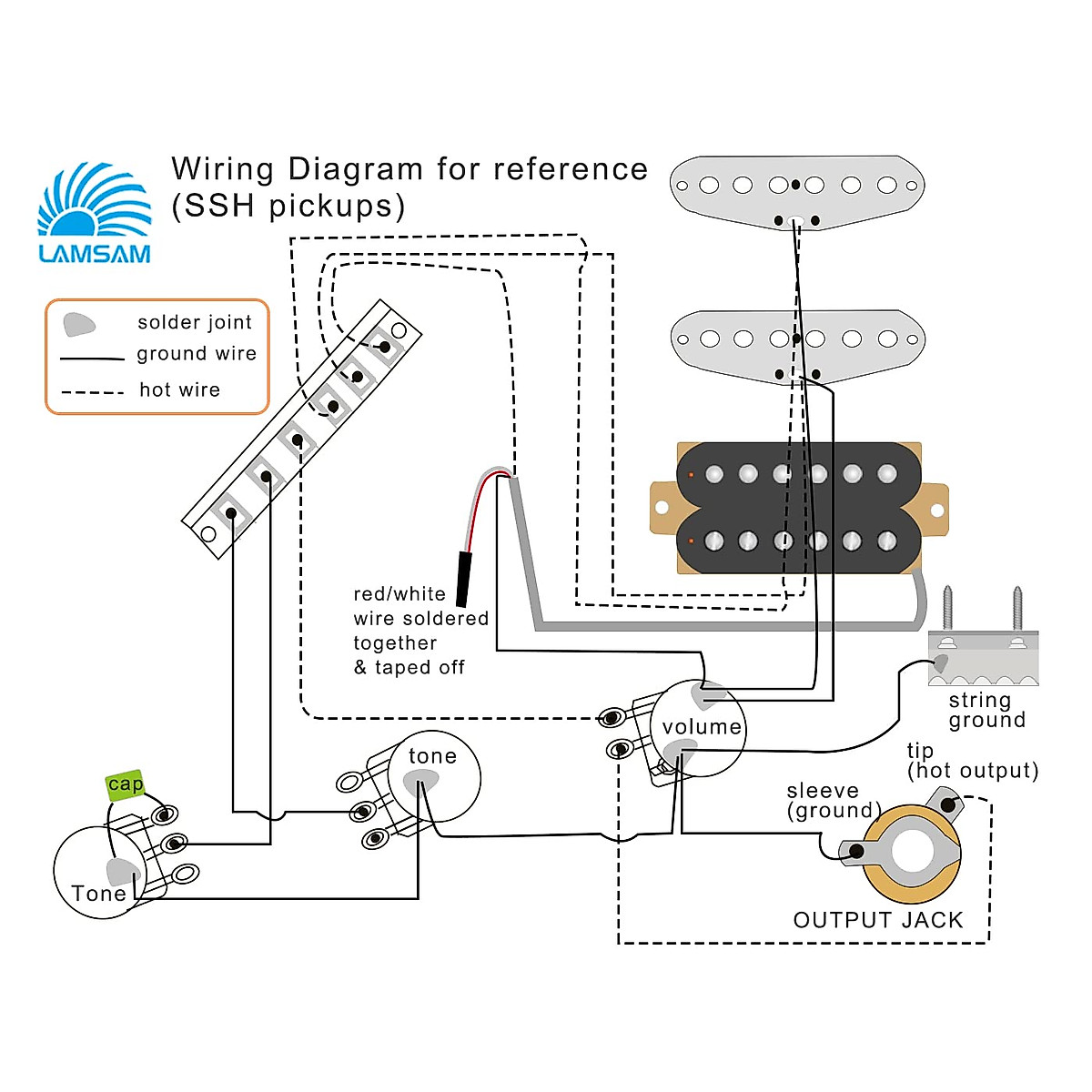 LAMSAM Prewired Pickguard with SSH Pickup Set, 3-ply Pick Guard Loaded Alnico V Single Coil Humbucker Pick-ups, Electric Guitar Scratchplate as Luthier Replacement Parts, Black-03