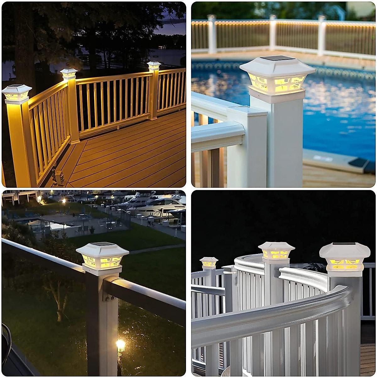 LamQee White Solar Post Caps Solar Post Lights Outdoor Waterproof Warm/Cool White 2 Modes Post Cap Lights for Deck Solar Powered Led Post Cap for Vinyl Fence Post Solar Lights 4X4 8 Packs