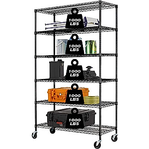 HCB 6-Tier Storage Shelf Heavy Duty Wire Shelving Unit 76"x48"x18" Height Adjustable Metal Steel Wire with Casters for Restaurant Garage Pantry Kitchen Rack (Black)