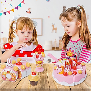 75PCS Birthday Cake Toy Cutting Decorating Birthday Cake Kitchen Pretend Toys Party Role Play Food Sets with Removable Candles Fruit Ice Cream Biscuits Candy Gift for Girls Boys Aged 3+