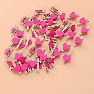 NUOBESTY 50pcs Mini Wooden Clips Clothespins Crafts Clips with Hearts for Wedding Party Valentines Day Decoration Rosy