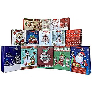 Christmas Gift Bags Assorted Sizes - Set of 15, Bulk, Large, Medium, Small, Handles, Gift Tags Included, Festive Holiday Gift Wrapping, Santa, Snowman, Reindeer