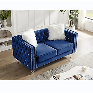 BeiXuan Modern Eucalyptus Wood Frame Convertible Loveseat Sofa Bed,2-Seat Couch Leisure Chair with Upholstery Pillows,for Living Room/Reading/Bedroom/Apartment/Small Space,Blue Velvet
