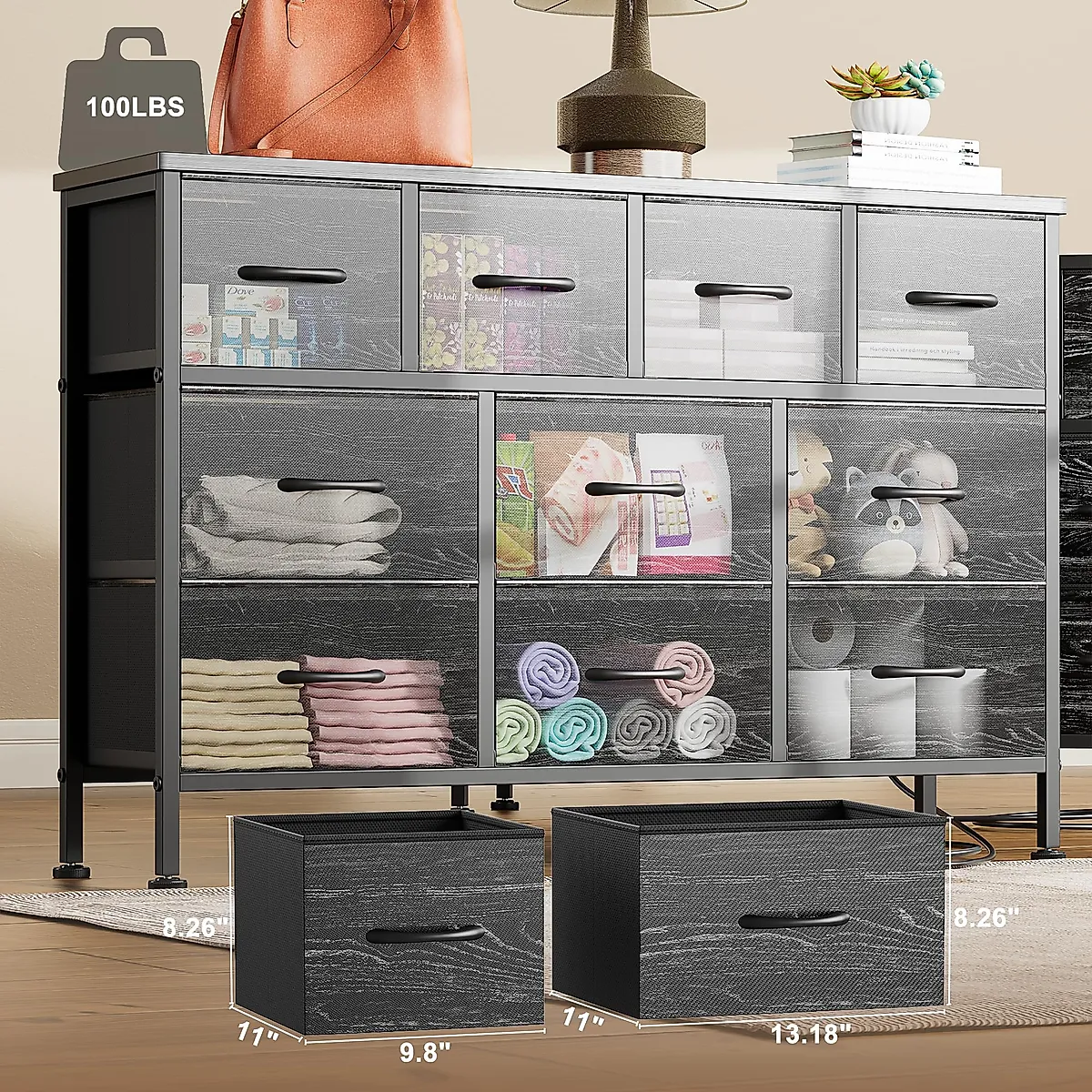 Lulive Dresser for Bedroom 10 Drawer Dresser TV Stand with Power Outlet, Entertainment Center Chest of Drawers for 55 Inch TV, Black Fabric Dresser for Bedroom Living Room Hallway Closets