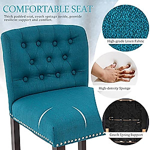 Brage Living 28 Inch Bar Stool, Linen Fabric Button Tufted Barstool with Back, Solid Wood Legs, Nailhead Trim, Upholstered Armless Bar Chair for Kitchen Dining Cafe (Lake Blue)