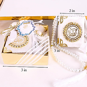 Pack of 6 Personalized Mini Quran Prayer Beads Islamic Party Favors, Decorated Velvet Mini Quran & Pearl Prayer Beads Islamic Muslim Gift Set for Special Occasions