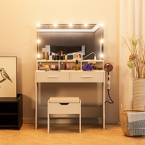 Vabches Makeup Vanity with Lighted Mirror & Outlet Charging Station, White Vanity Set Makeup Table, 3 Lighting Colors, Brightness Adjustable, 31.5in(W)