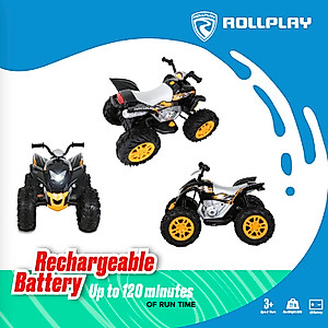 Rollplay Powersport ATV 12V Electric 4 Wheeler Featuring Oversized Wheels with Rubber Tire Strips for Added Traction, Working Headlights, and a Top Speed of 3 MPH, Black/Yellow