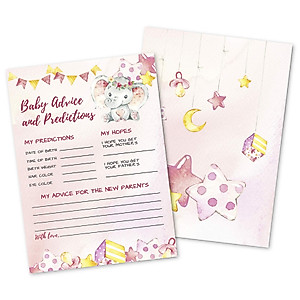 50 Deluxe Pink Elephant Advice and Predictions Cards- Large Double Sided 5 x 7 Inch for Baby Girl Shower Game, New Parent Message Book, Mom & Dad to Be, Decorations