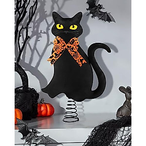 Black Cats Christmas Tree Topper with Stand and Changeable Bows Halloween Xmas Tree Ornament Winter Holidays Home Decorations Cat Lovers Gift Ideas