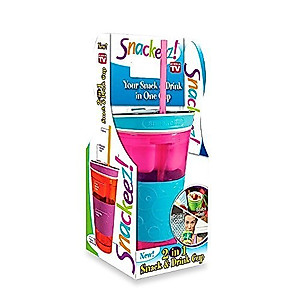 Snackeez Plastic Travel Cup Snack Drink in One Container 16oz (Pink/blue)