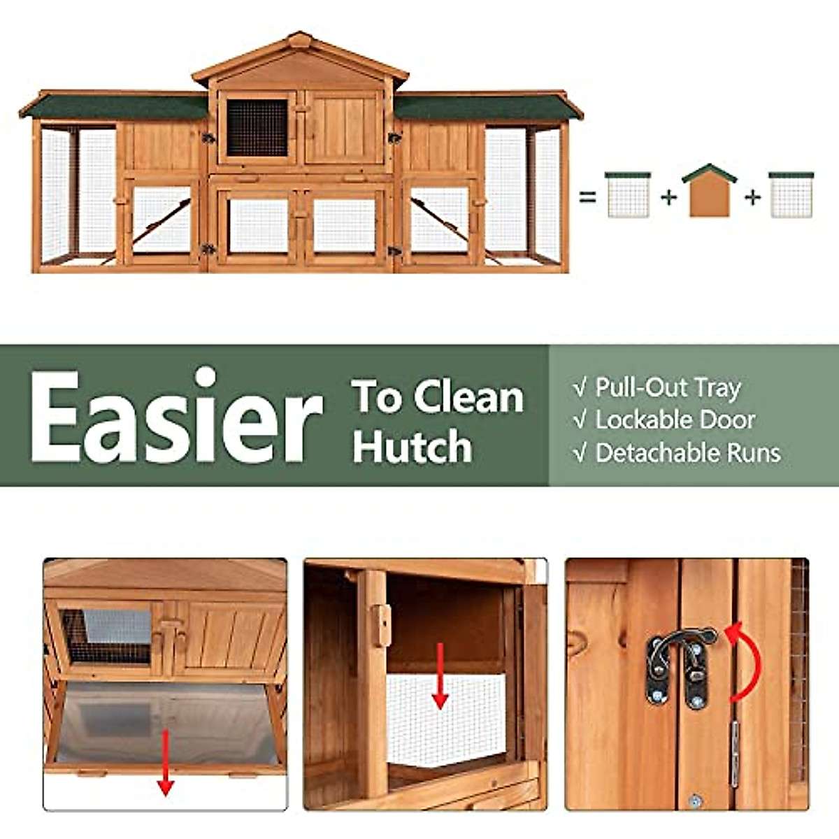 Rabbit Hutch Outdoor 74" Extra Large Bunny Cage with 2 Runs House Small Animal Habitats for Guinea Pigs Hamster Removable Tray Two Tier Waterproof Roof Pet Supplies Cottage Poultry Pen Enclosure