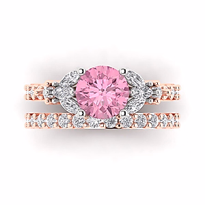 Clara Pucci 2.66 carat Round Shape 3 stone Pink Zircon Engagement Wedding Anniversary Bridal ring band set 14k Rose White Gold 4.25